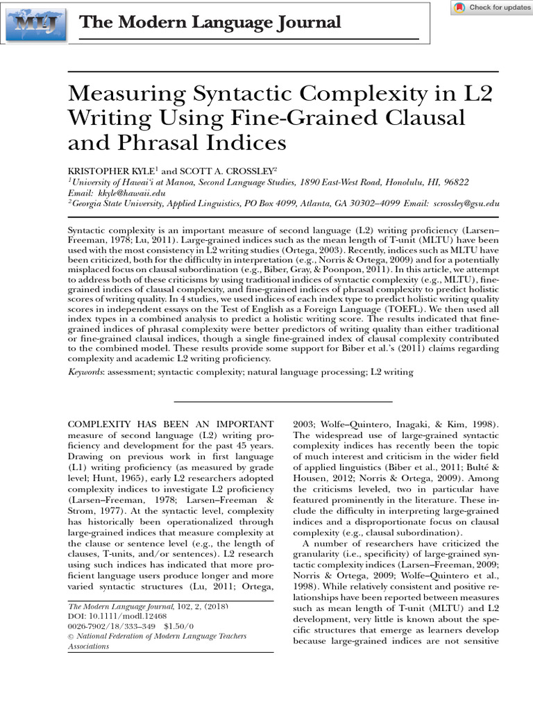 Measuring Syntactic Complexity in L2 Writing Using Fine Grained Clausal and | PDF | Clause | Verb