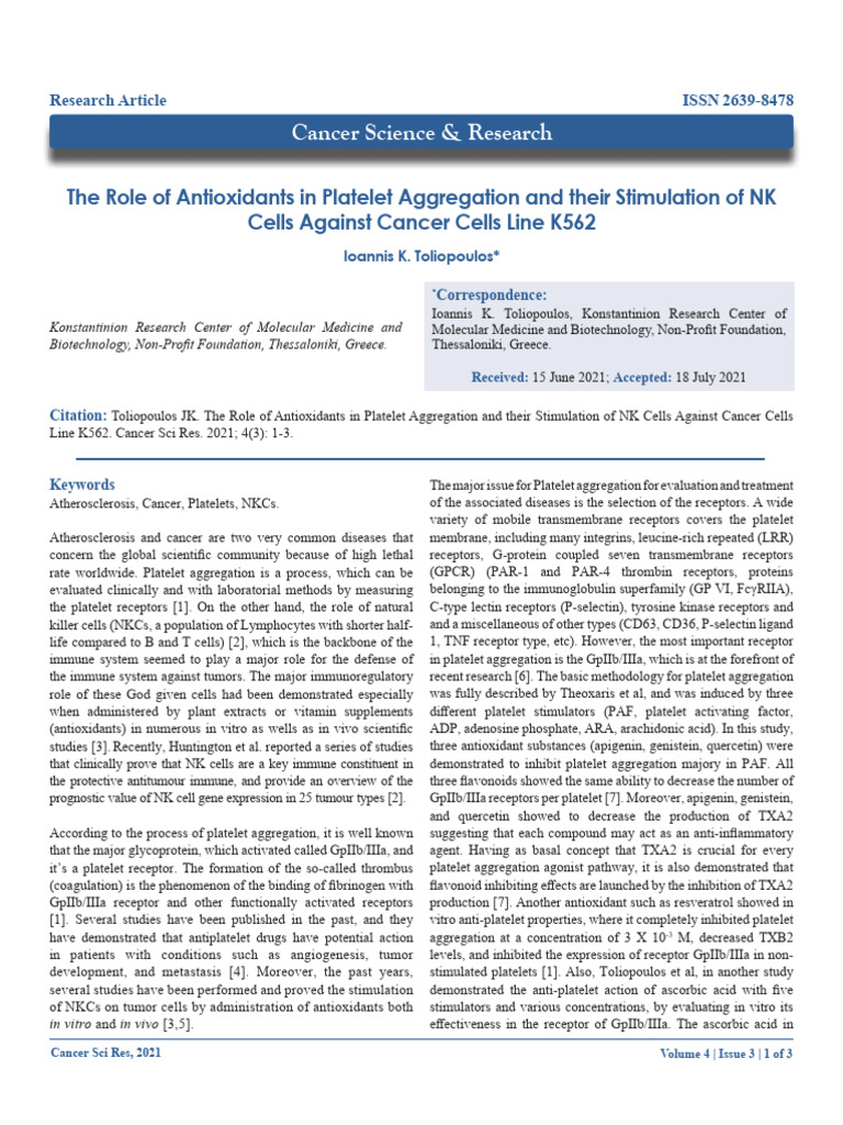 The Role of Antioxidants in Platelet Aggregation and Their Stimulation of NK Cells Against ...