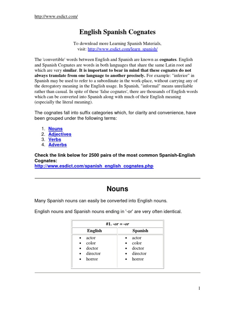 English Spanish Cognates | PDF | English Language | Noun