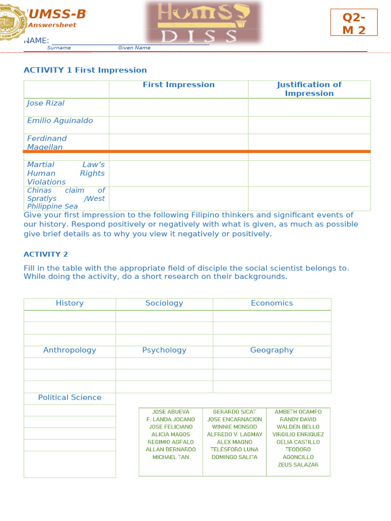 HUMSS 11 ANSWER SHEET DISS Q 2mod. 2 | PDF