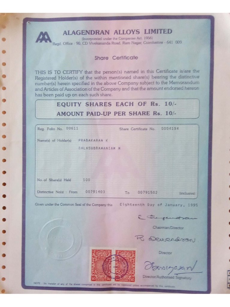 Prabhakaran Share Certificate | PDF