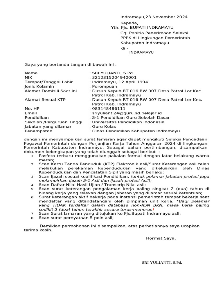 Format Surat Lamaran PPPK 2024 | PDF