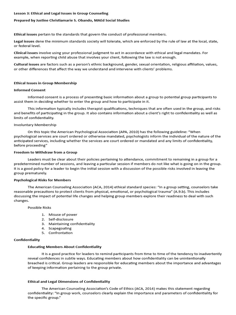 Lesson 3 Ethical and Legal Issues in Group Counselling | PDF ...