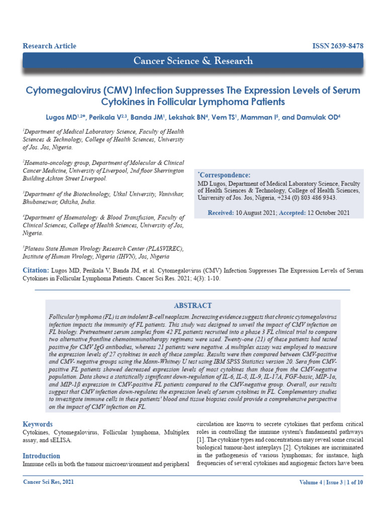 Cytomegalovirus (CMV) Infection Suppresses The Expression Levels of Serum Cytokines in ...