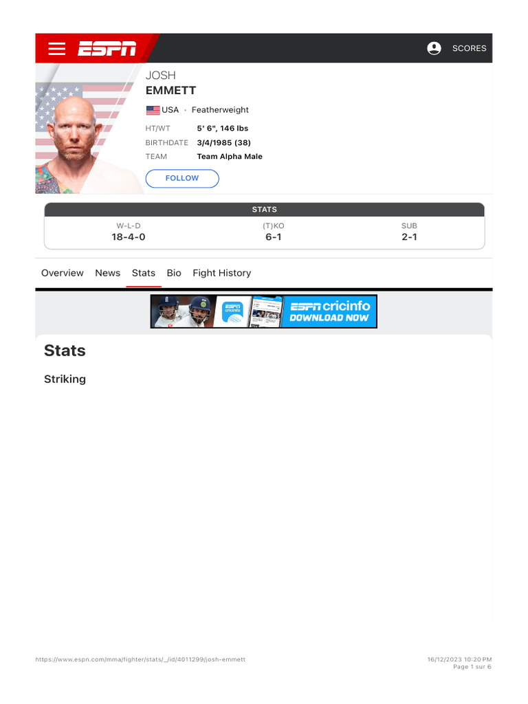 Josh Emmett MMA Career Stats - ESPN | PDF | Mixed Martial Arts ...