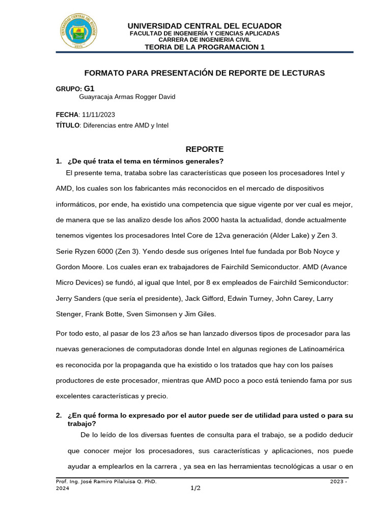 Rep - Lectura 1 - Rogger Guayracaja | PDF | Intel | Microprocesador