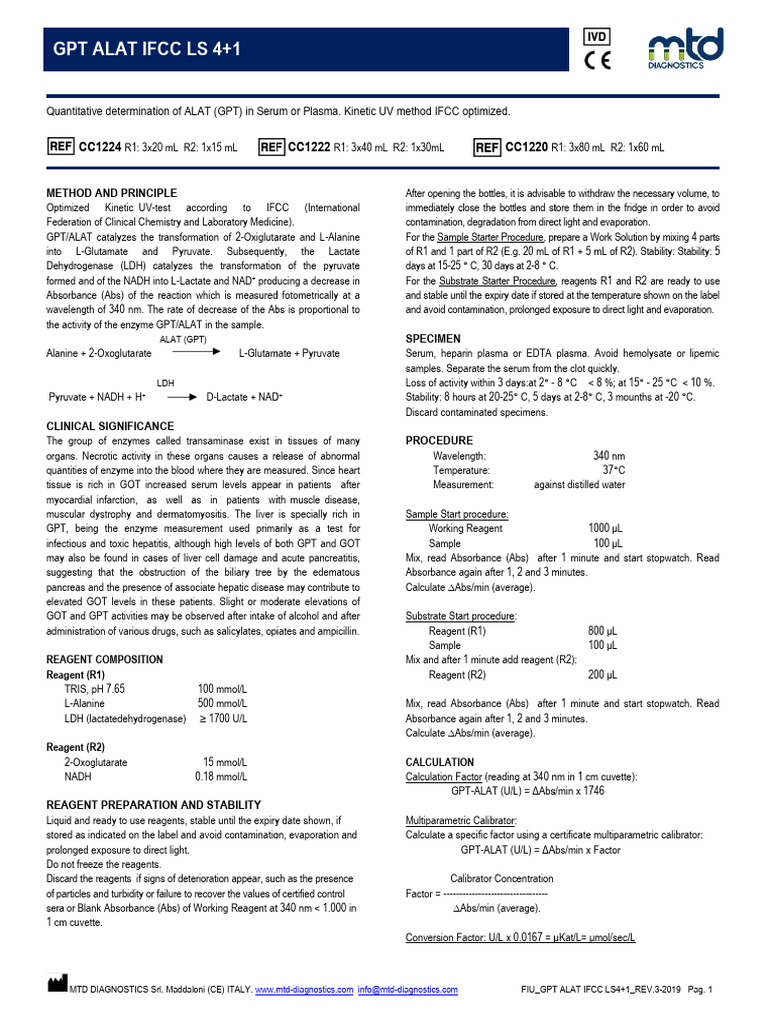 Fiu - GPT Alat Ifcc LS 4+1 - Eng Ita Rev.03-2019 | PDF | Lactate Dehydrogenase | Alanine