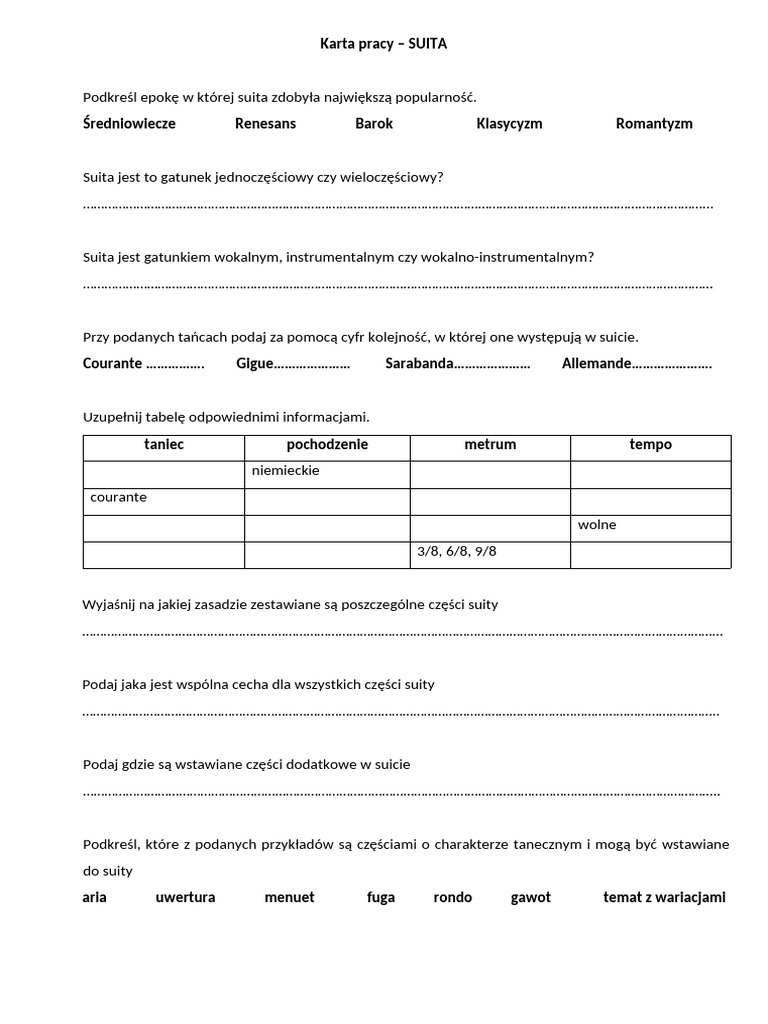 Karta Pracy - Suita | PDF