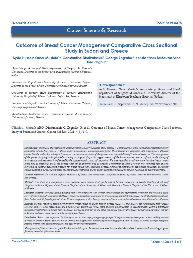 Outcome of Breast Cancer Management Comparative Cross Sectional Study in Sudan and Greece | PDF ...