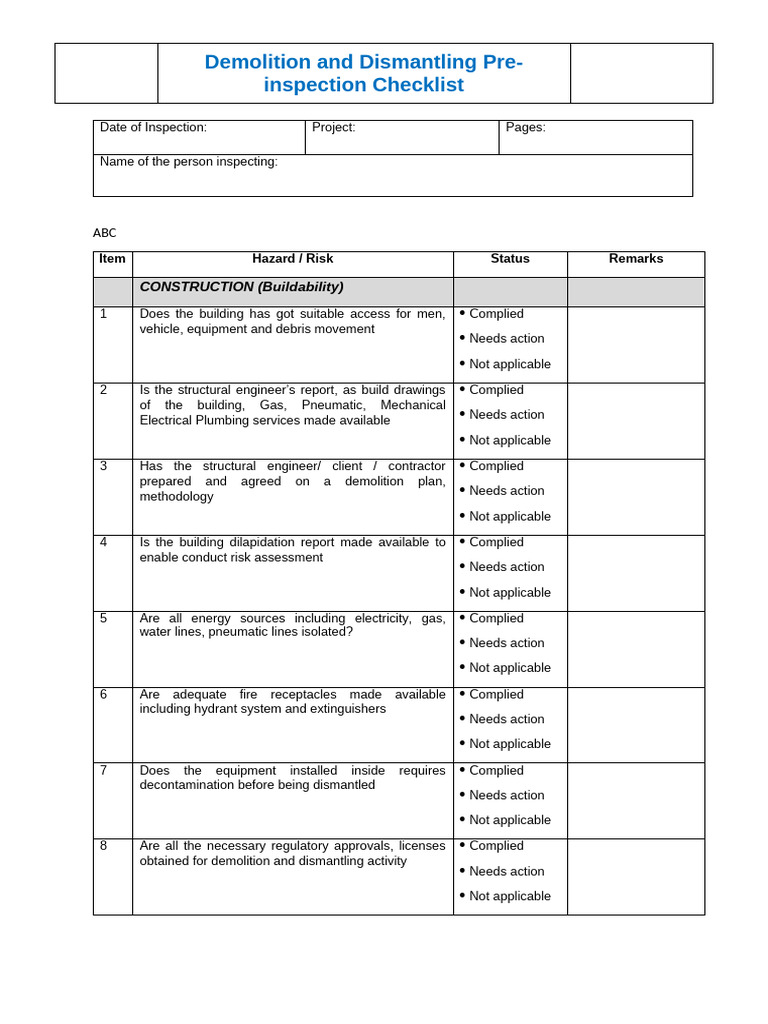 Demolition and Dismanlting Pre-Inspection Checking List | PDF | Demolition