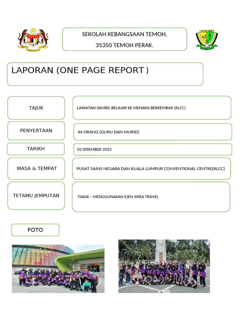 Laporan (One Page Report: Sekolah Kebangsaan Temoh, 35350 TEMOH PERAK | PDF