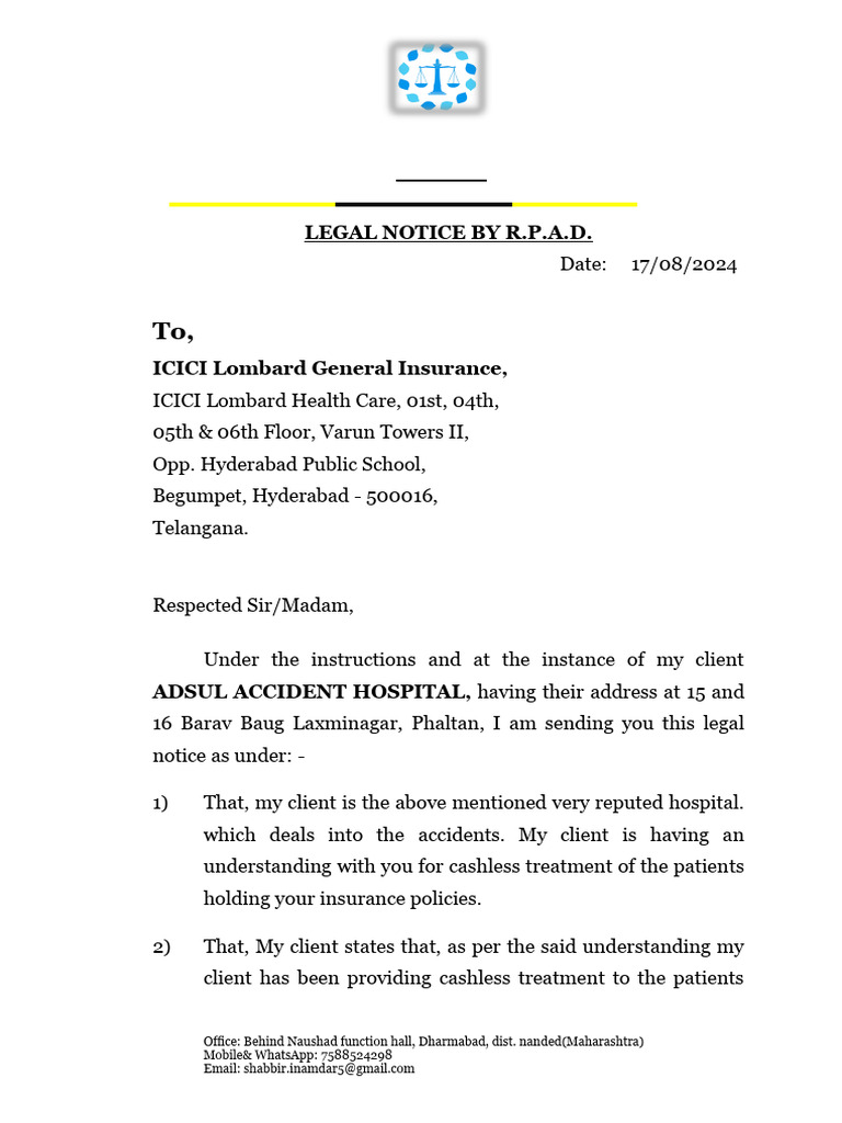 Adsul Hospital Notice To Icici Lombard Patient Name Madhavi Pawar | PDF ...