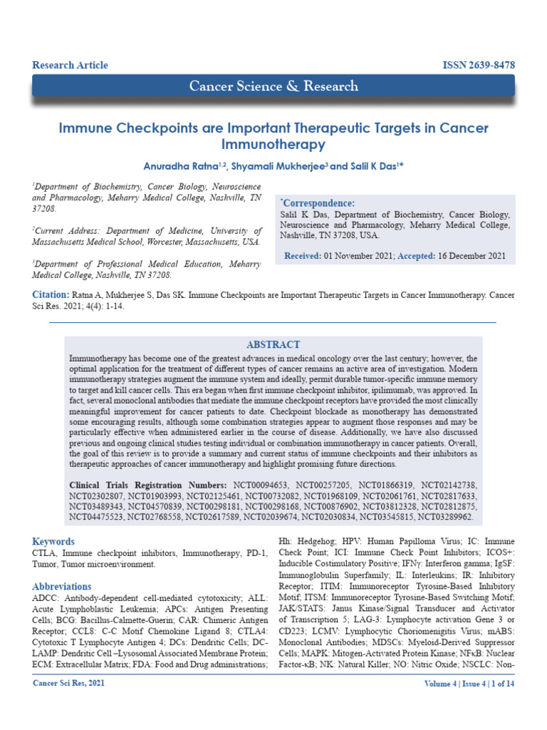 Immune Checkpoints Are Important Therapeutic Targets in Cancer ...