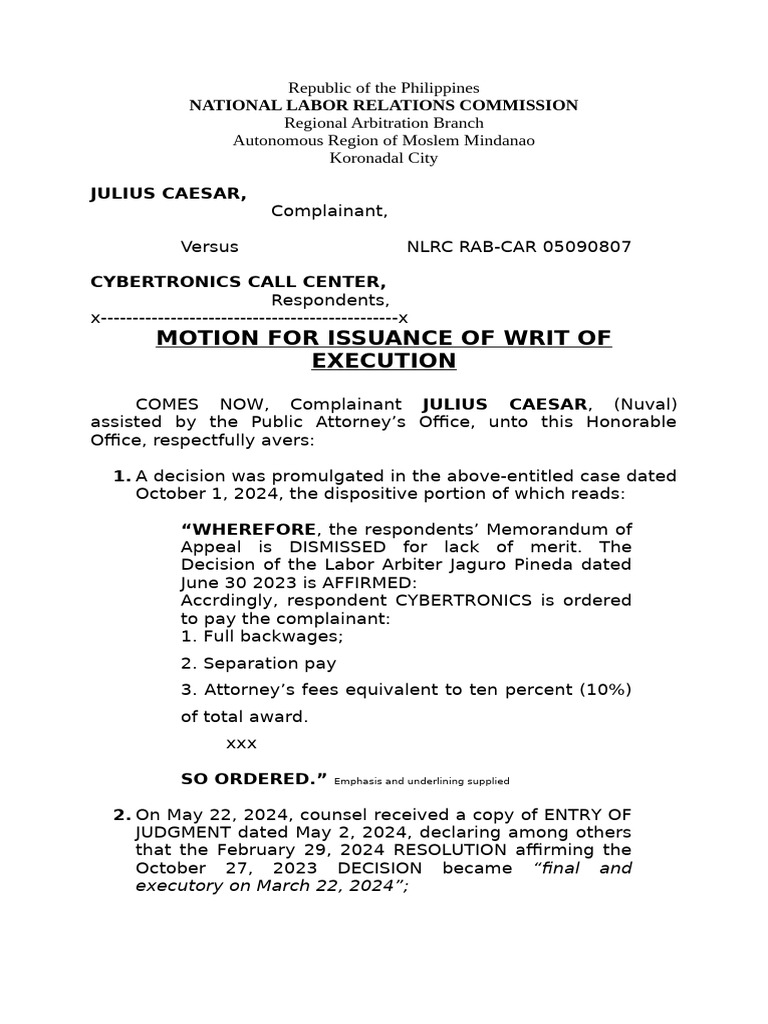 Motion For Issuance of Writ-SAMPLE | PDF | Separation Of Powers | Legal ...