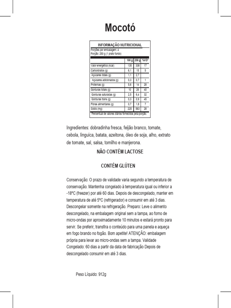 Tabela Nutricional Mocotó | PDF