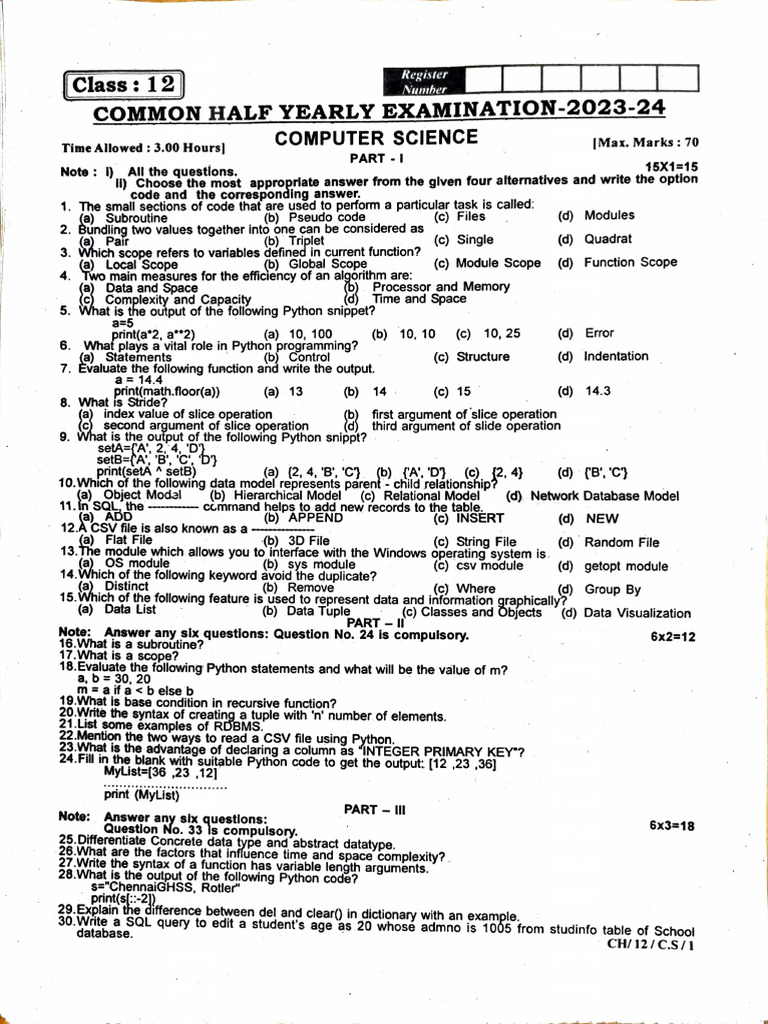 Class 12 Computer Science Exam | PDF | Scope (Computer Science) | Parameter (Computer Programming)