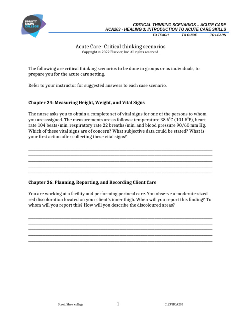 HCA203 - Acute Care Critical Thinking Scenarios Jan 2023 | PDF ...