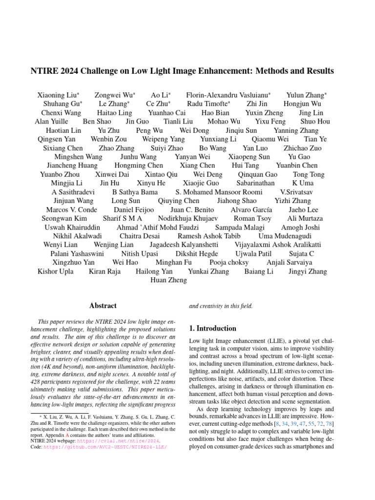 NTIRE 2024 Challenge On Low Light Image Enhancement: Methods and Results | PDF | Lighting ...