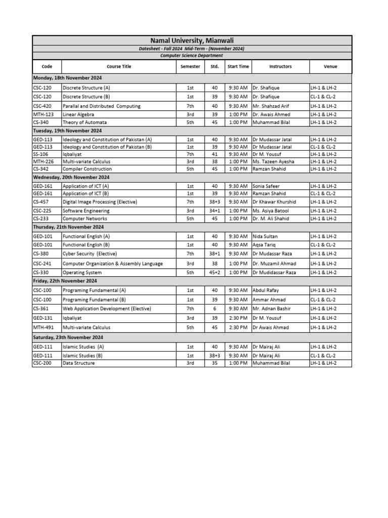 CS - Mid Term Date Sheet - Fall 2024 | PDF