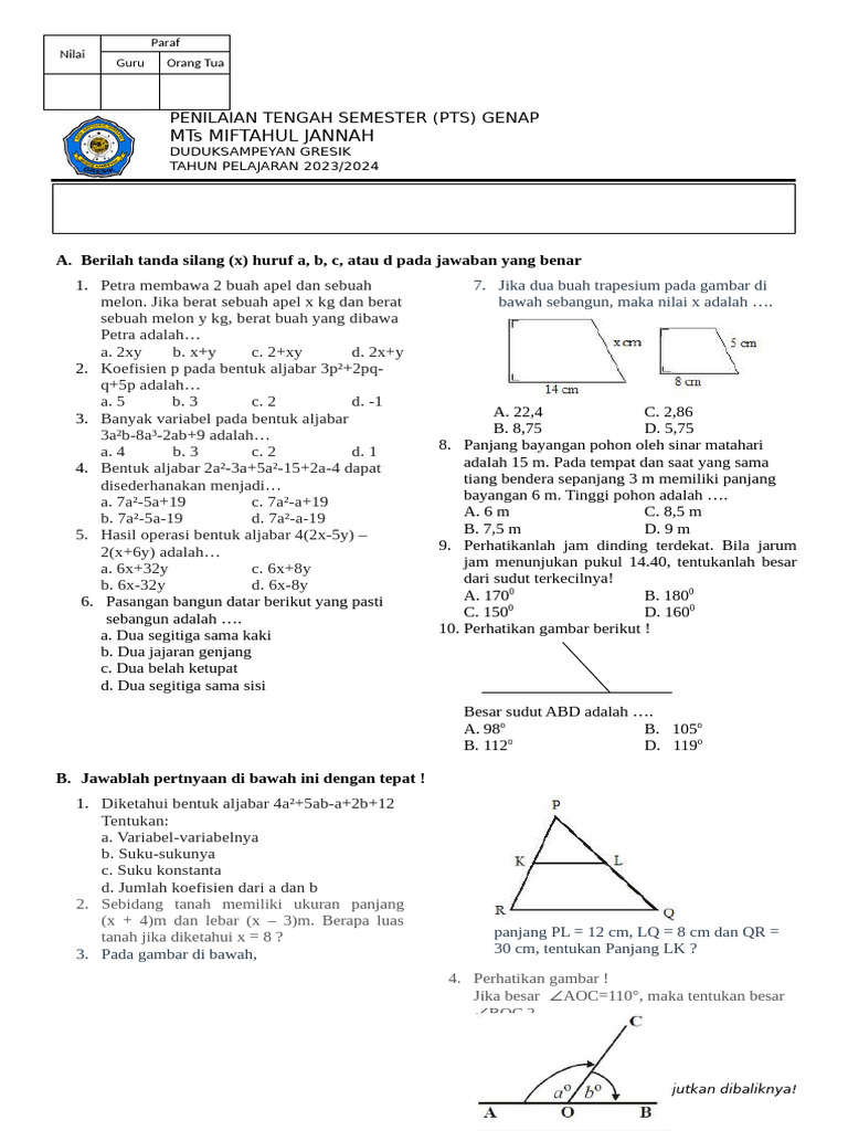 Naskah Soal PTS Genap MTK Kls.7 | PDF