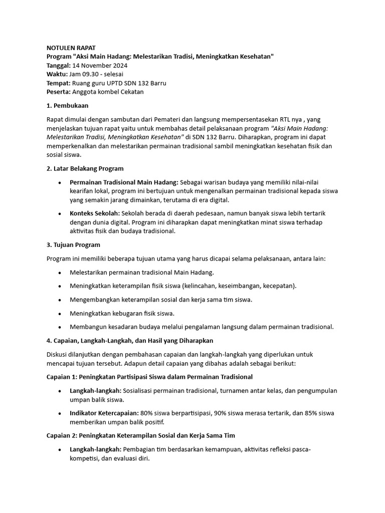 Notulen Rapat RTL PKG Pjok | PDF