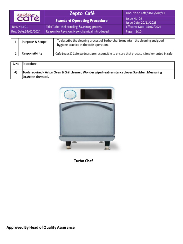 TurboChef Cleaning & Handling SOP | PDF | Oven | Door