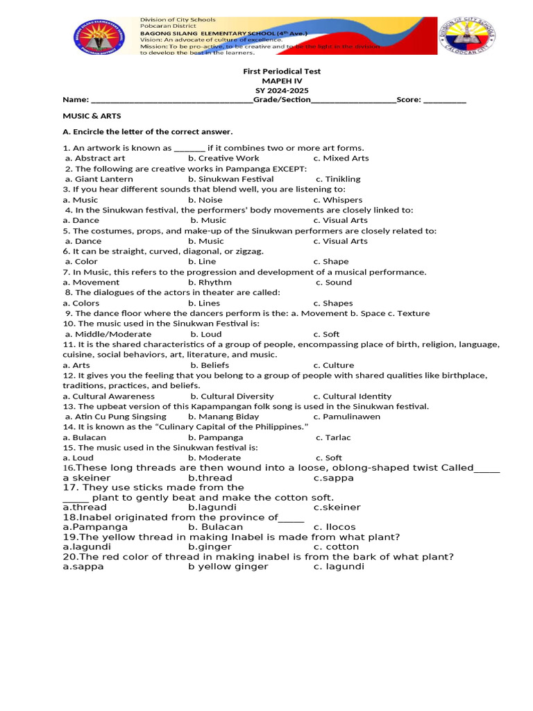 First Periodical Test MAPEH 4 Matatag | PDF | Physical Fitness | Dances
