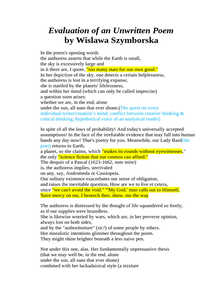Evaluation of Szymborska's Poem | PDF