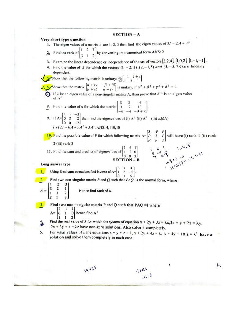 Engineering Maths - Matrix Practice Set | PDF