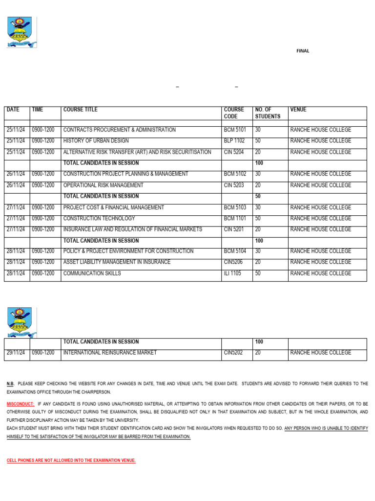 NUST Exam Timetable: Nov 2024 | PDF | Reinsurance | Business