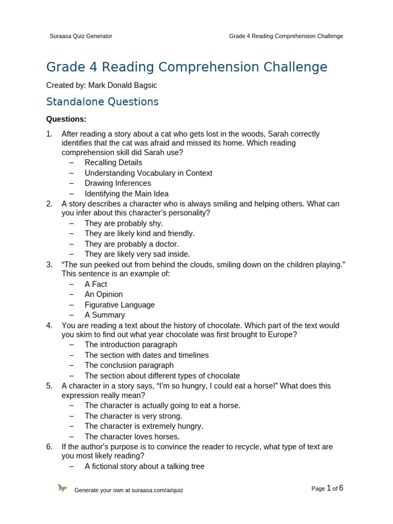 Quiz Grade4readingcomprehensionchallenge | PDF | Reading Comprehension