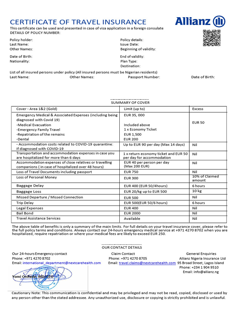 Travel Insurance Certificate for Visa | PDF