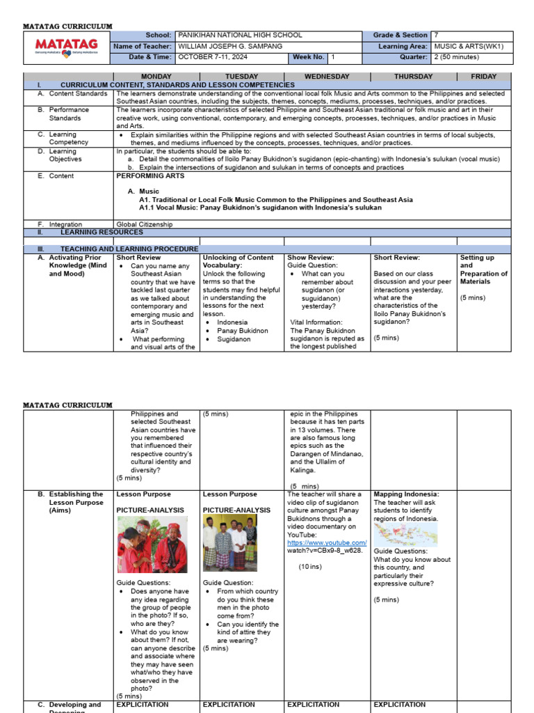 LP (Mapeh7) Q2 W1 (Music&arts-W1) | PDF | Curriculum | Learning