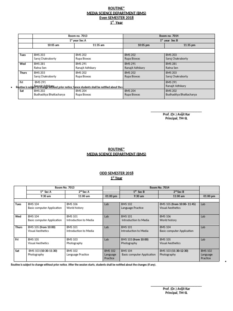 1st Year BMS ROUTINE (Odd) 2020 | PDF | Design