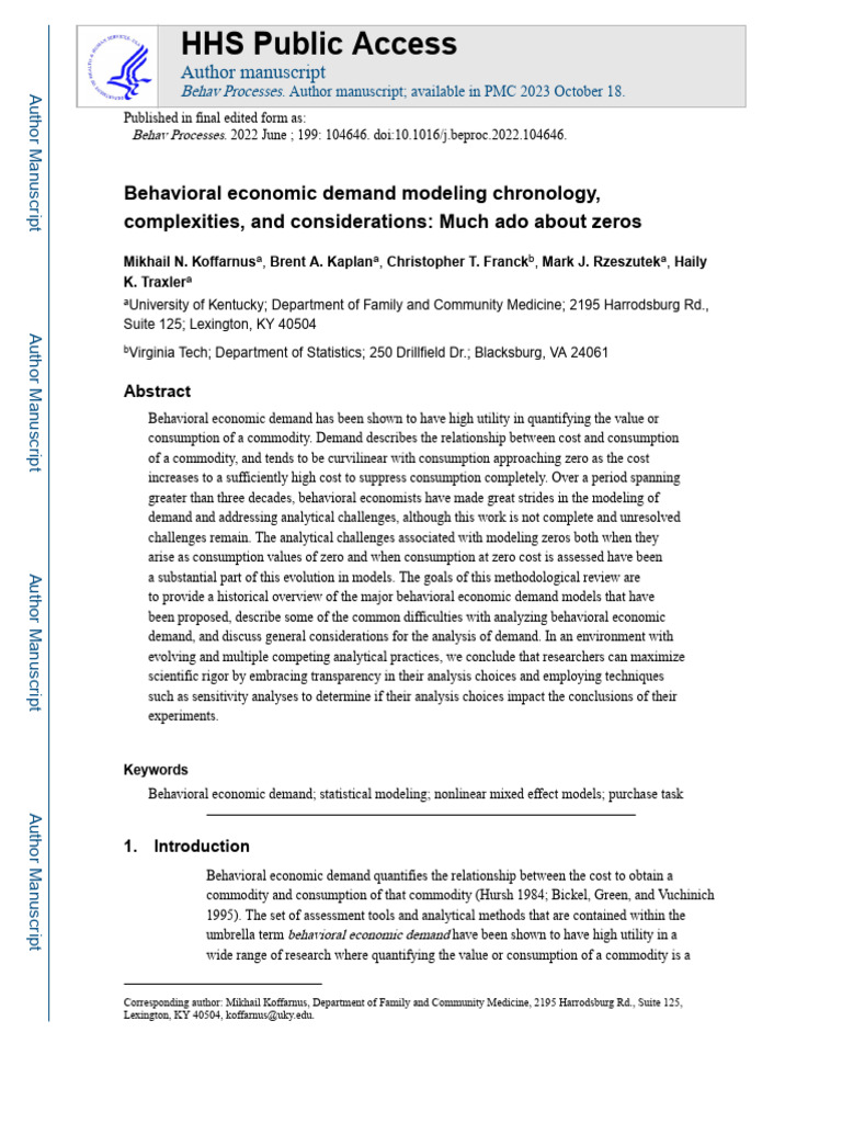 Behavioral Economic Demand Modeling Chronology, Complexities, and Considerations - Much Ado ...