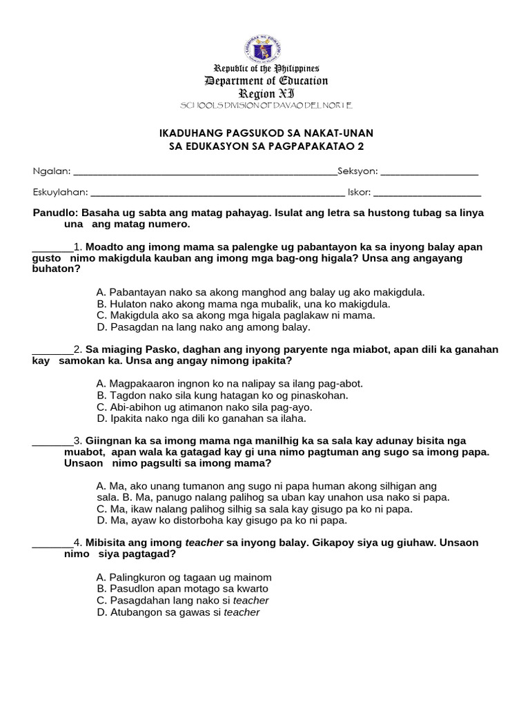 Grade 2 Quarter 2 Assessment in EsP | PDF