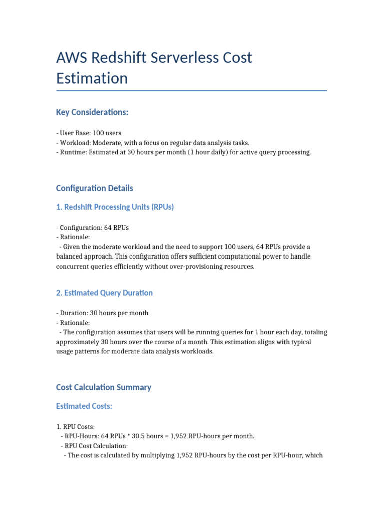 AWS Redshift Serverless Cost Estimation | PDF