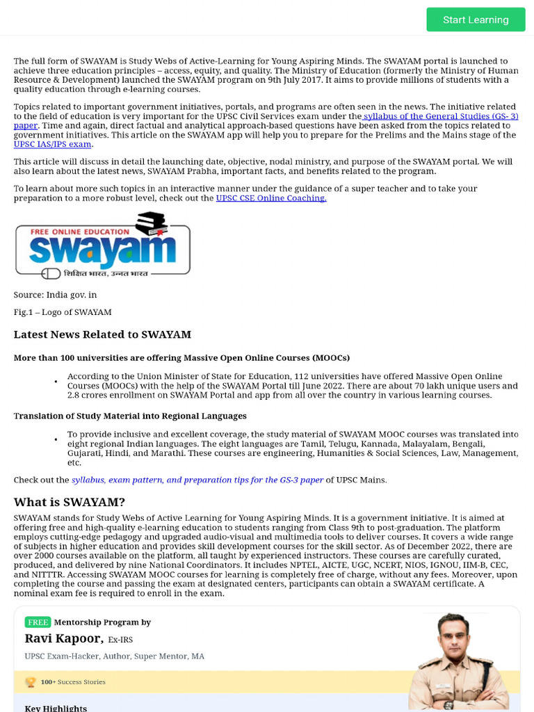 What Is SWAYAM - Know Its Objectives, Features & More - UPSC | PDF