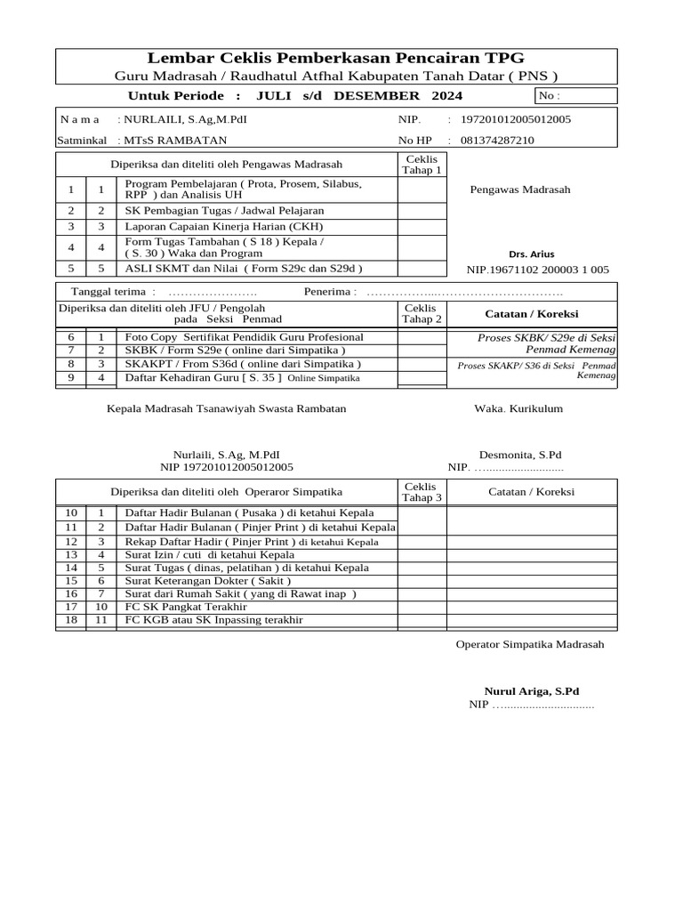 LEMBARAN CEKLIS TPG Juli - Desember 2024 | PDF