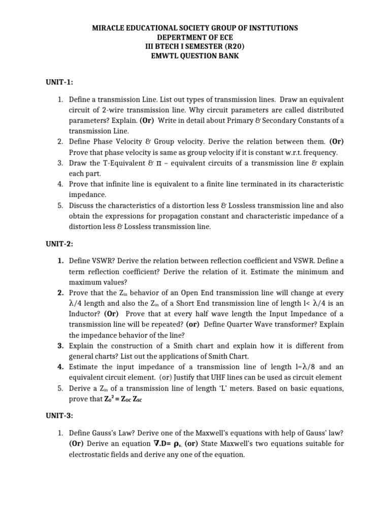 Emwtl Important Questions r20 | PDF | Transmission Line | Physical Phenomena
