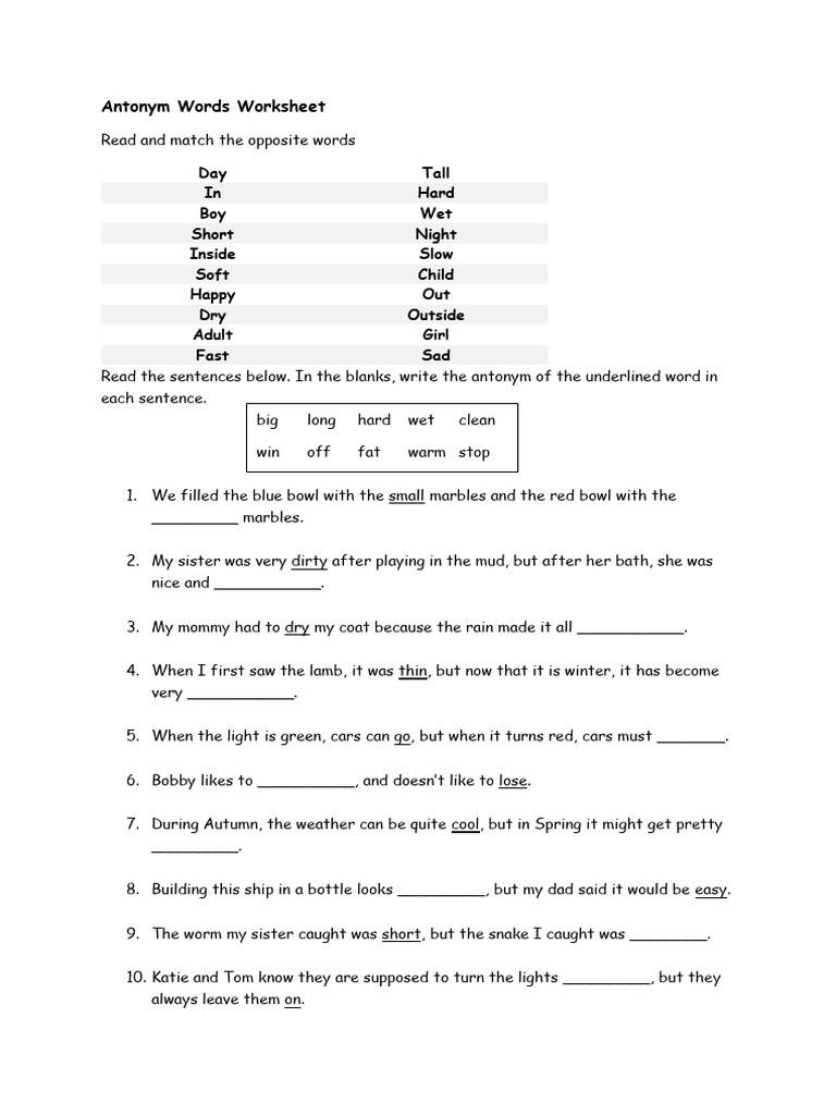 Antonym Words Matching Worksheet | PDF