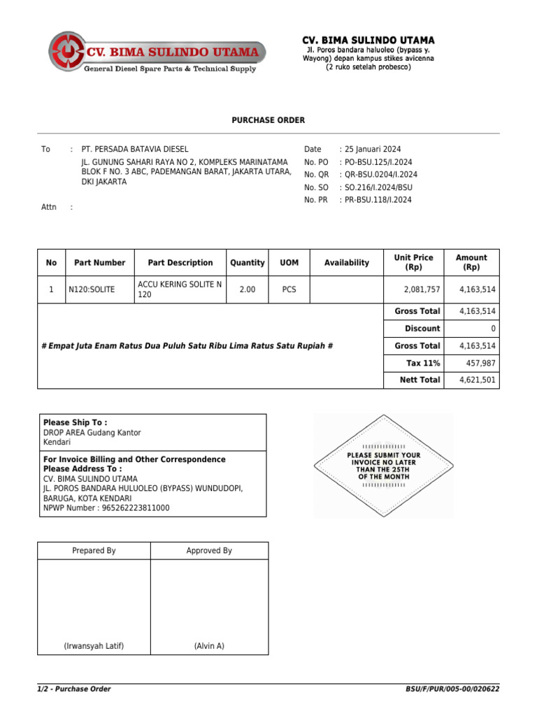 Purchase Order for Solite Accu N120 | PDF