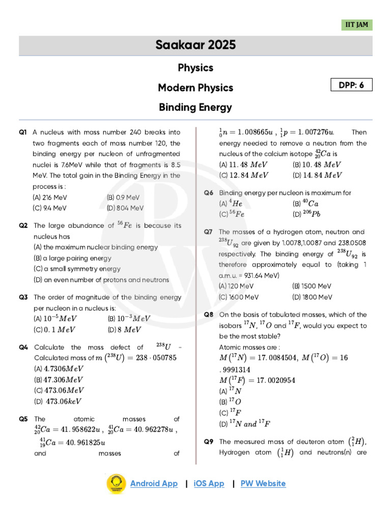 Modern Physics - DPP 06 (Of Lec 08) | PDF | Atomic Nucleus | Neutron