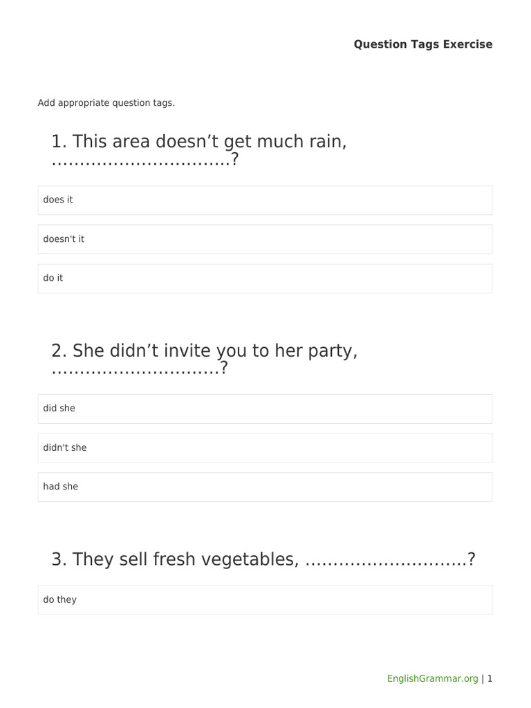 Question Tags Exercise | PDF