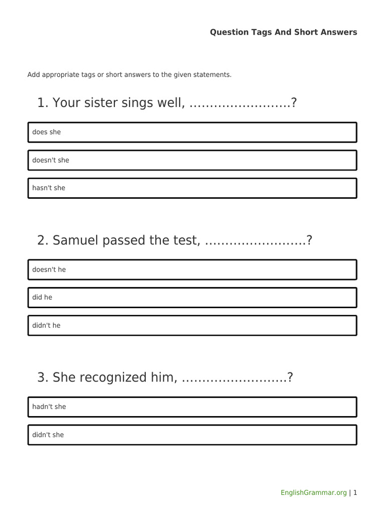 Question Tags and Short Answers | PDF
