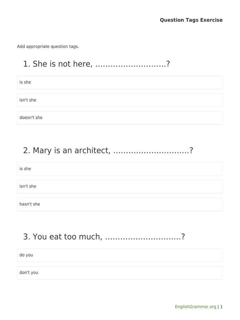 Question Tags Exercise | PDF