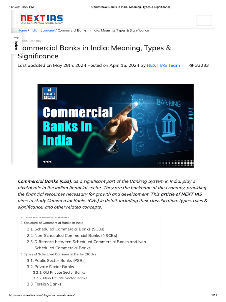 Commercial Banks in India - Meaning, Types & Significance | PDF | Banks ...