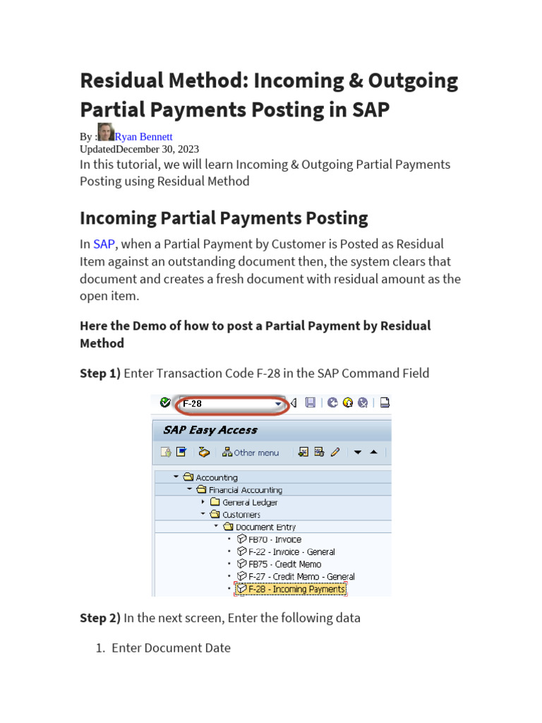 Residual Method Incoming and Outgoing Parital Payment Posting in SAP | PDF