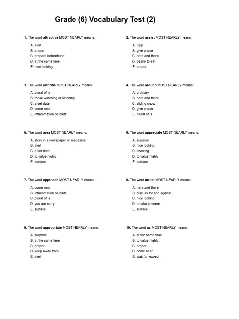 Printable Tests For - Grade (6) Vocabulary Test (2) | PDF
