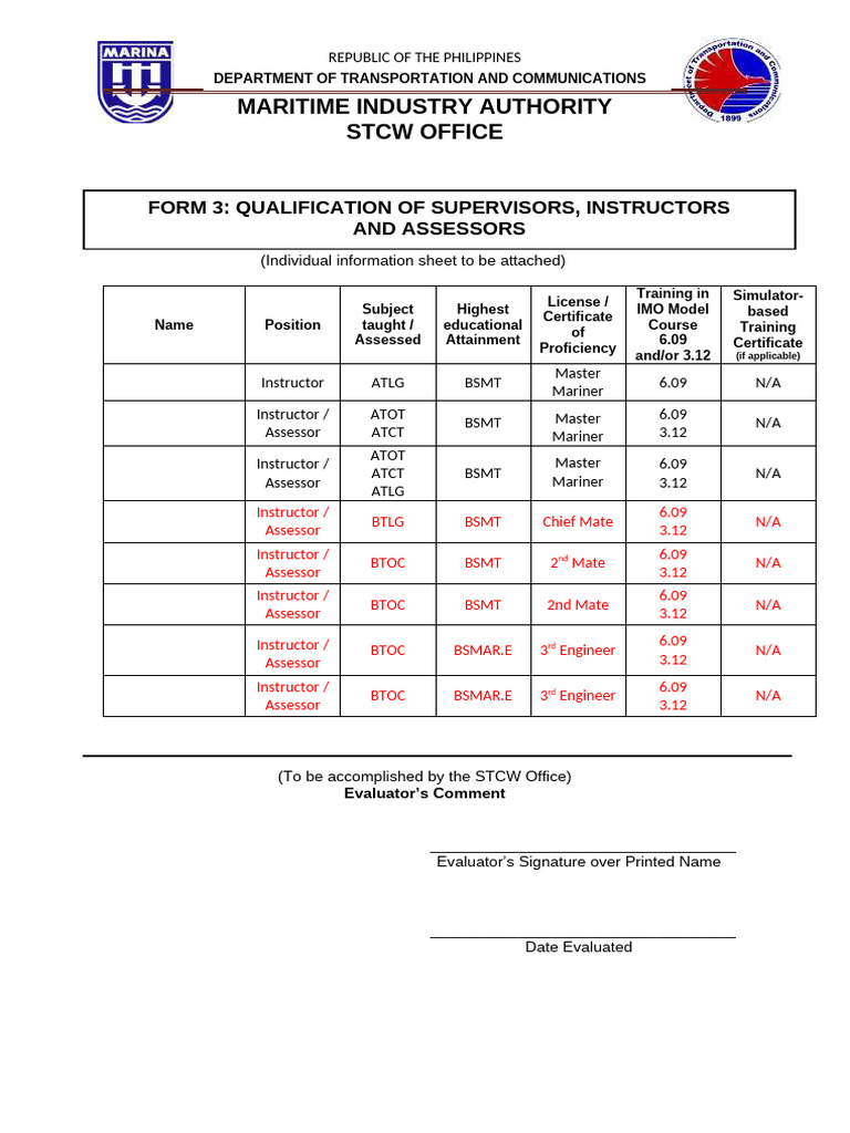 FORM 3 - ATCT - Qualification of Supervisors-Instructors | PDF